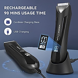 Electric Body Hair Trimmer Shaver - VINATO Waterproof Groin Hair Trimmer for Men Ball Shaver USB Recharge Dock Body Grooming Kit Replaceable Ceramic Blade Male Hygiene Razor - 90 Mins Battery Life