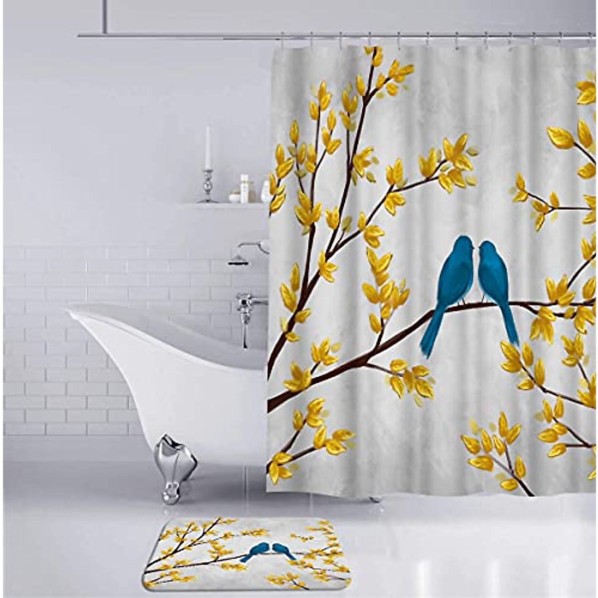 DuoBaorom 4 Pieces Set Tree Bird Shower Curtain Set Blue Love Birds on Yellow Tree Branch Picture Print on Non-Slip Rugs Toilet Lid Cover Bath Mat and Bathroom Curtain with 12 Hooks 72x72inch