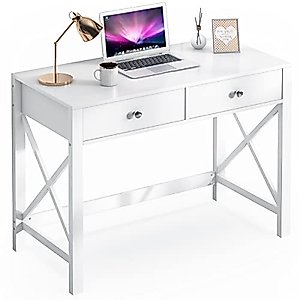 EdMaxwell White Home Office Desk with Drawers, Modern Writing Computer Desk, Small Makeup Vanity Table Desk for Bedroom, Study Table for Home Office