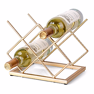 Drincarier Countertop Wine Rack - 5 Bottle Freestanding Modern Gold Metal Small Wine Rack - Tabletop Wine Holder Stand for Cabinet, Pantry, Wine Bottle Storage
