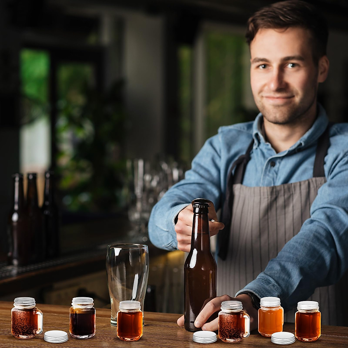 Mifoci 100 Pieces 1 oz Mini Mason Jar Drinking Glasses with Lids Mason Jar Cups Mason Jar Mugs with Handles Mason Jar Shot Glasses Set for Home Picnic Party