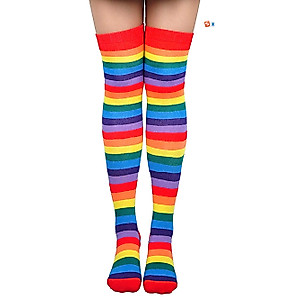 YELAIVP Girl's Stripe Rainbow Thigh High Socks Cosplay Over Knee Stockings Gloves Set Arm Leg Warmers for Women