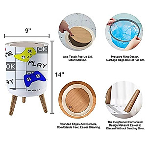CAKOJV188 Round Trash Can with Press Lid Game Seamless for Boys with Game Joystick in Squares Small Garbage Can Trash Bin Dog-Proof Trash Can Wooden Legs Waste Bin Wastebasket 7L/1.8 Gallon