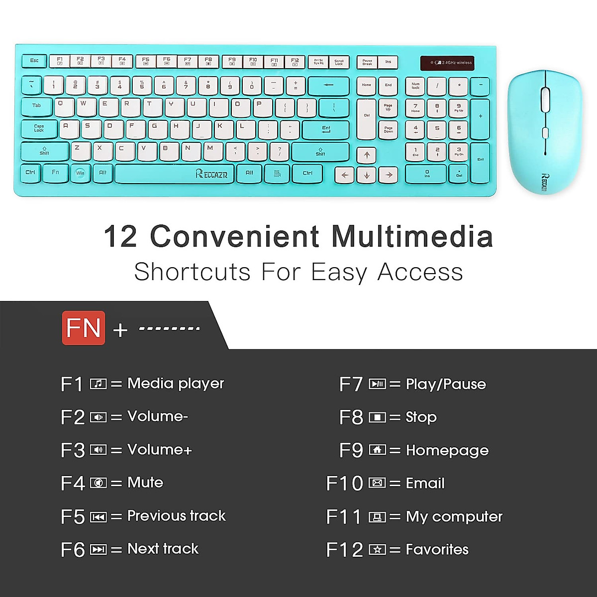 RECCAZR Wireless Keyboard and Mouse Combo, Full-Sized Wireless Keyboard and Adjustable DPI Mouse, 2.4GHz USB Receiver, Wireless Keyboard and Mouse for PC, Windows, Desktop, Laptop (Blue)