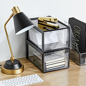 mDesign Plastic Stackable Office Storage Organizer Bin with Pull Out Drawer for Cabinet, Desk, Shelf, Cupboard, Cabinet, or Closet Organization - Lumiere Collection - 2 Pack - Black/Clear