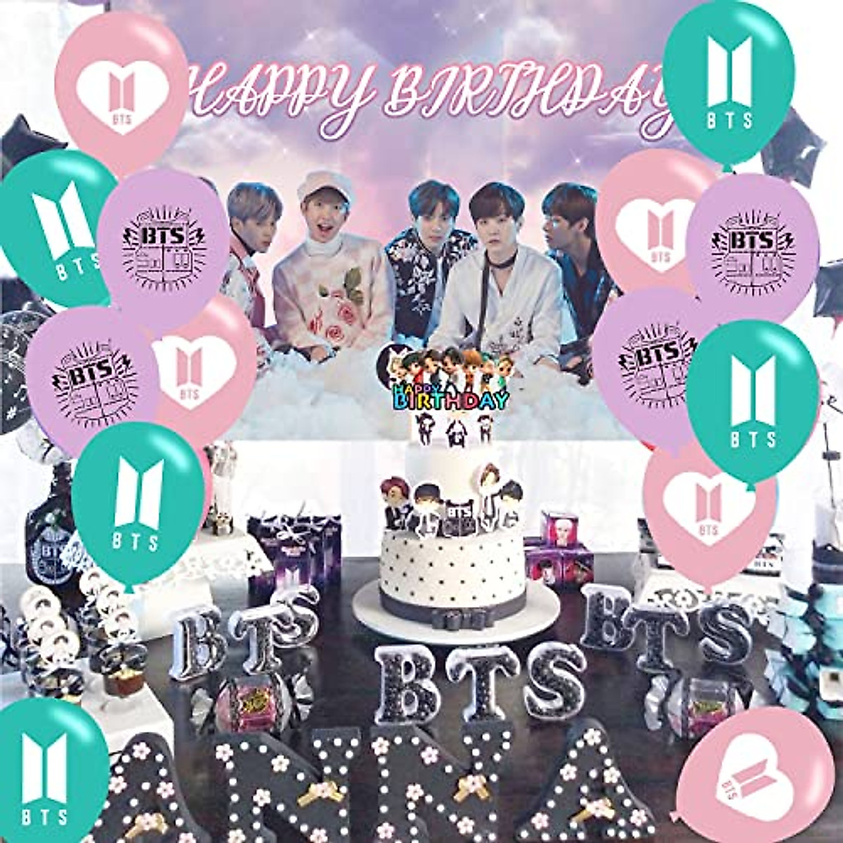 BTS Bangtan Boys Happy Birthday Backdrop Cartoon BTS Banner Poster for Bangtan Boys Fans Girls BTS Theme Party Decorations Kpop Bangtan Boys Birthday Supplies Background Studio Shoot Photo Props Booth
