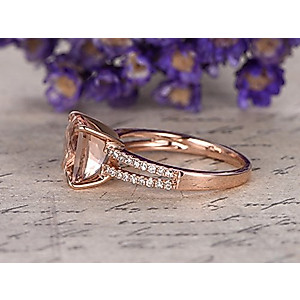Pink Morganite Engagement Ring,8mm Cushion Cut Stone,Solid 14K Rose Gold,Split Shank Band