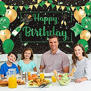 Green Black Gold Birthday Party Decoration Banner, Green Black Happy Birthday Backdrop Banner, Large Green Black Gold Birthday Banner Photo Background Party Decoration for Men Women Boys Girls