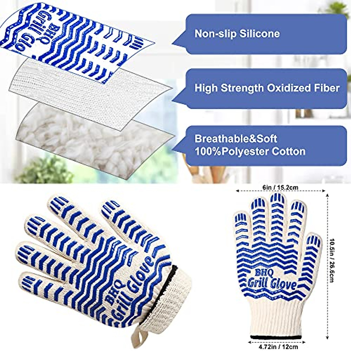 Extreme Heat Resistant BBQ Oven Safety Gloves-BBQ Glove-Grill Gloves,Thick but Light Weight for Kitchen Potholder,Grill,Grilling,Smoker,Barbeque-1 Pair（Blue