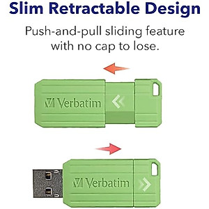 Verbatim 16GB Pinstripe USB 2.0 Flash Drive Retractable Thumb Drive with Microban Antimicrobial Product Protection- 5 Pack - Multicolor (Green, Blue, Red, Purple, Cyan)