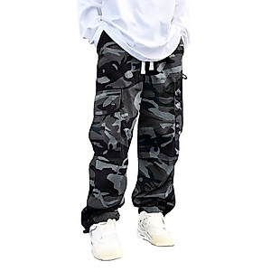 WDIRARA Men's Camo Print Drawstring Flap Pocket Side High Waist Cargo Pants Grey Camo L