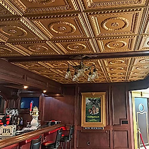 From Plain To Beautiful In Hours 210 Laurel Wreath PVC 2' x 2' Lay-in or Glue-up Ceiling Tile, Pack of 10, Antique Brass, 10 Piece