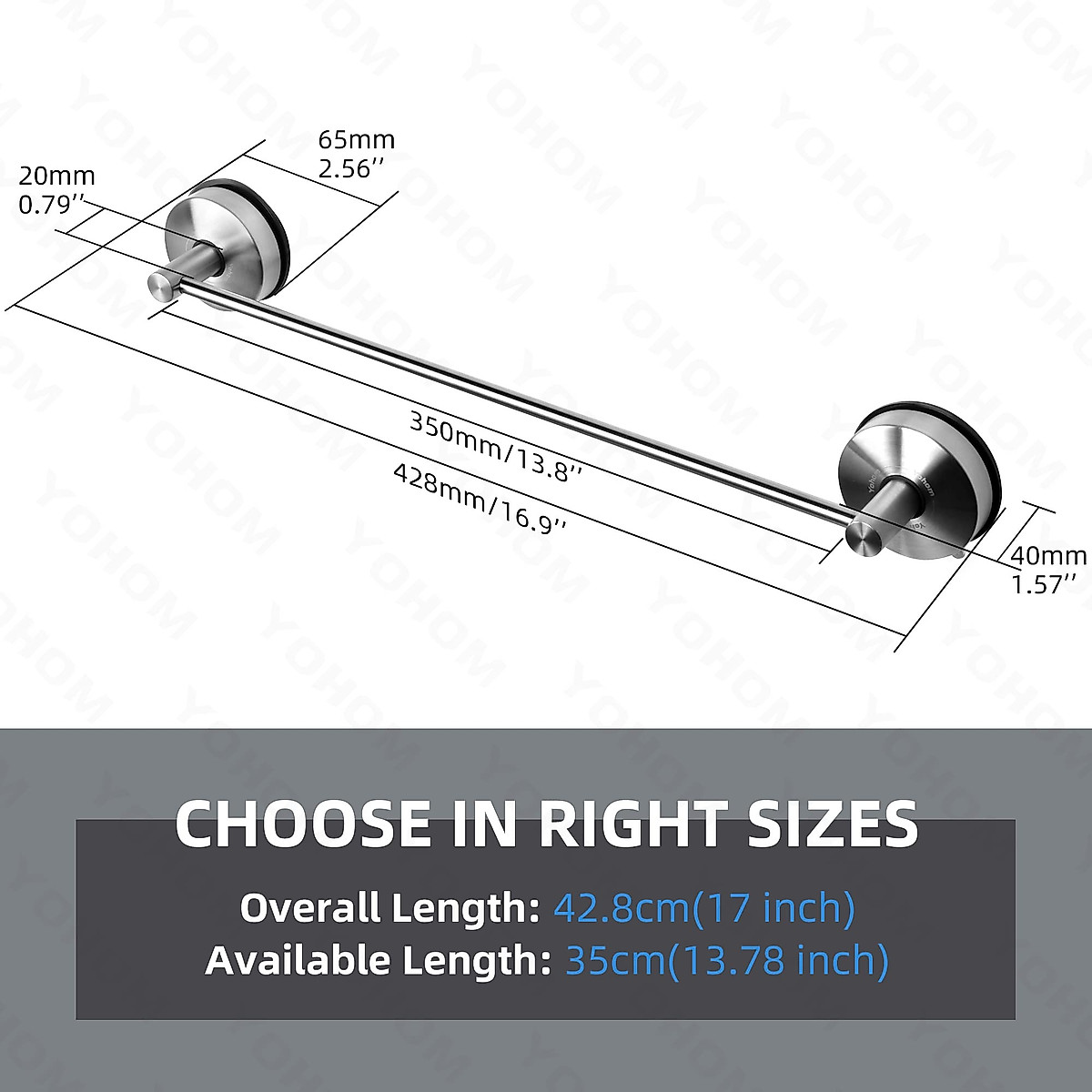 YOHOM Suction Cup Towel Bar for Shower 17 Inch Stainless Steel Bathroom Towel Rack Suction Washcloth Holder Vacuum Hand Towel Bar for Glass Shower Door Removable Towel