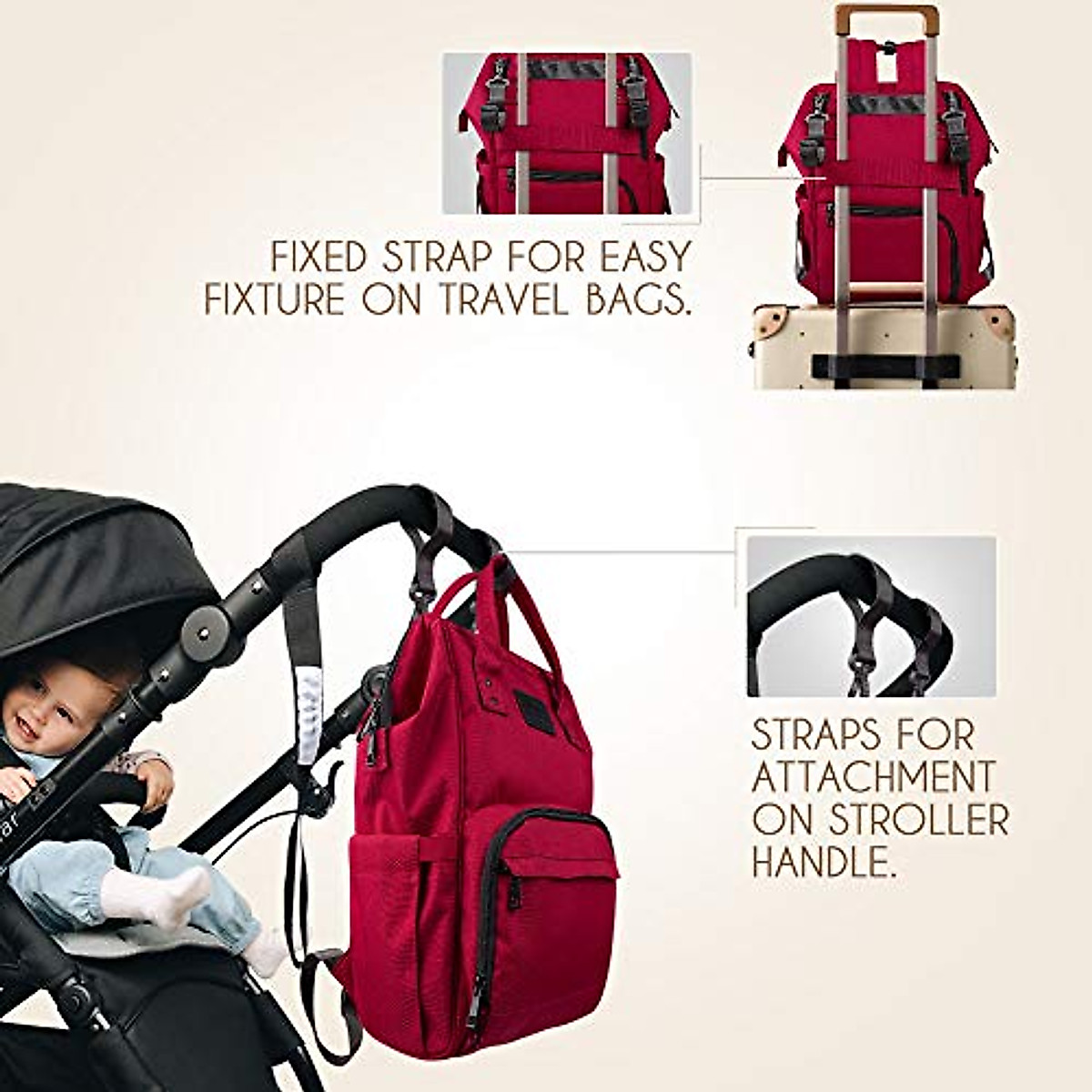 Qipi Diaper Bag - Spacious & Smart Multi-Function Nappy Bag w/ Changing Pad - Ruby Red
