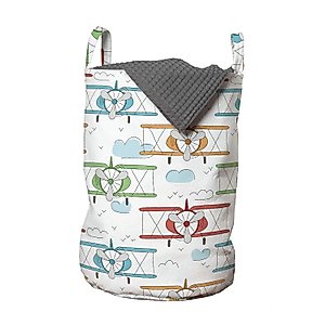 Ambesonne Airplane Laundry Bag, Vintage Single Engine Biplanes in Colorful Sketch Style Aviation Theme, Hamper Basket with Handles Drawstring Closure for Laundromats, 13" x 19", Pale Blue