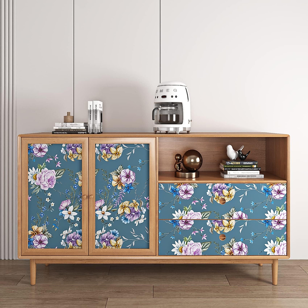 ReWallpaper Blue Floral Peel and Stick Wallpaper - Boho Modern Flower Pattern - Self Adhesive Contact Paper - Bod Wallpaper for Bedroom Bathroom 17.5inx10ft