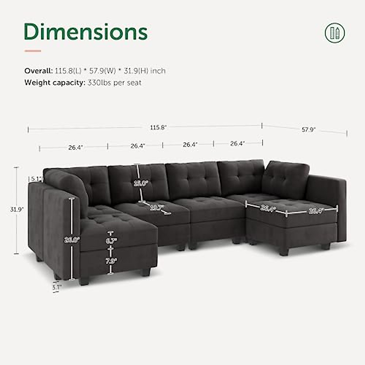 HONBAY Modular Sectional Sofa Velvet U Shaped Couch with Double Chaises 6 Seater Sectional Sofa with Storage, Grey