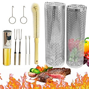 Vilopin Rolling Grilling Baskets for Outdoor Grill BBQ,Net Tube,Stainless Steel Large Round Mesh Rotation Barbecue Cylinder Cage Cooking Accessories for Veggies Fish Meat Food Camping Family Picnic