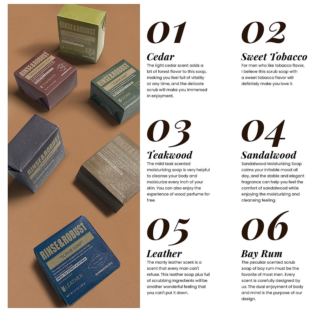 Rinse & Robust Mens Bar Soap 6Pcs Cleansing All Natural Handmade Mens Soap Bar Set Moisturizing&Exfoliating Oatmeal Scrub Soap Gift for Men Body&Hand All Skin Type|6 Different Scents |5.3 oz of 6 Bars