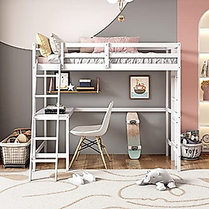 KOMFOTT Twin Loft Bed with Desk, Solid Wood Loft Bed Frame with 2 Ladders, Safety Guardrail for Teenagers and Adults, Space-Saving Loft Bed with Wooden Slats Support, No Box Spring Needed (White)