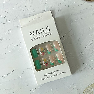 Press on Nails Medium Square False Nails French Tip False Nails Colorful Flower with Designs Acrylic Nails Full Cover Glossy Artificial Nails Reusable Stick on Nails for Women 24Pcs