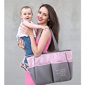 Baby Diaper Bag Tote 5 Piece Set with Pink Hearts, Saying, and Baby Portable Changing Pad, Diaper Bag, Travel Mat Station Gift Set