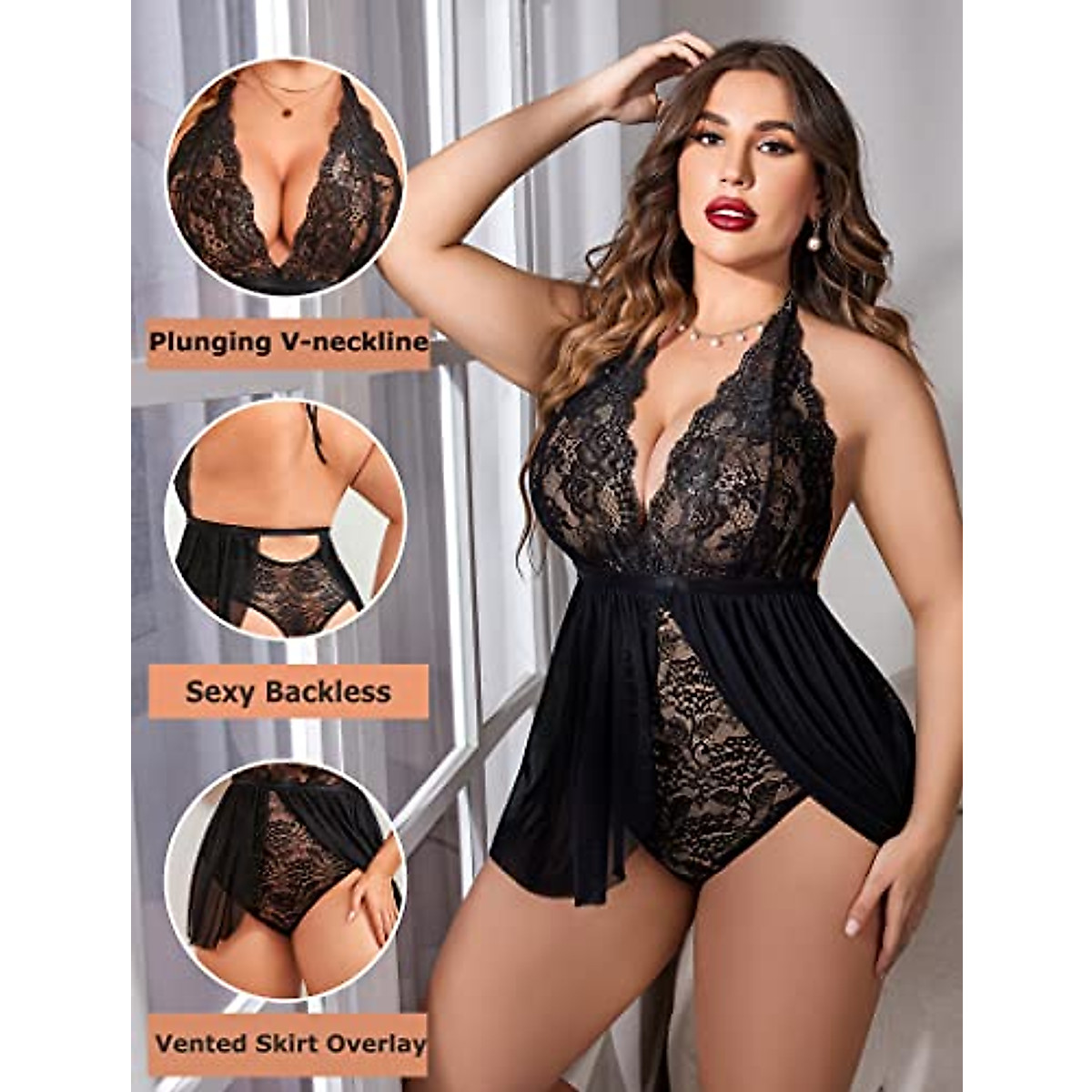 Avidlove Plus Size Babydoll Womens Lingerie Snap Crotch Lace Nighty Halter Plunging Mesh Sleepwear 14-24W (18W, Black)