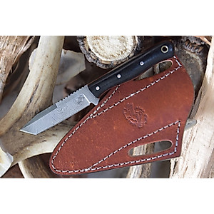 Knives Ranch ECD Fixed Blade Knife, Tanto Point, Damascus Steel, Black Burlap Micarta Handle Fine Quality 45 Degree Sheath Snug Fit (3184-M)