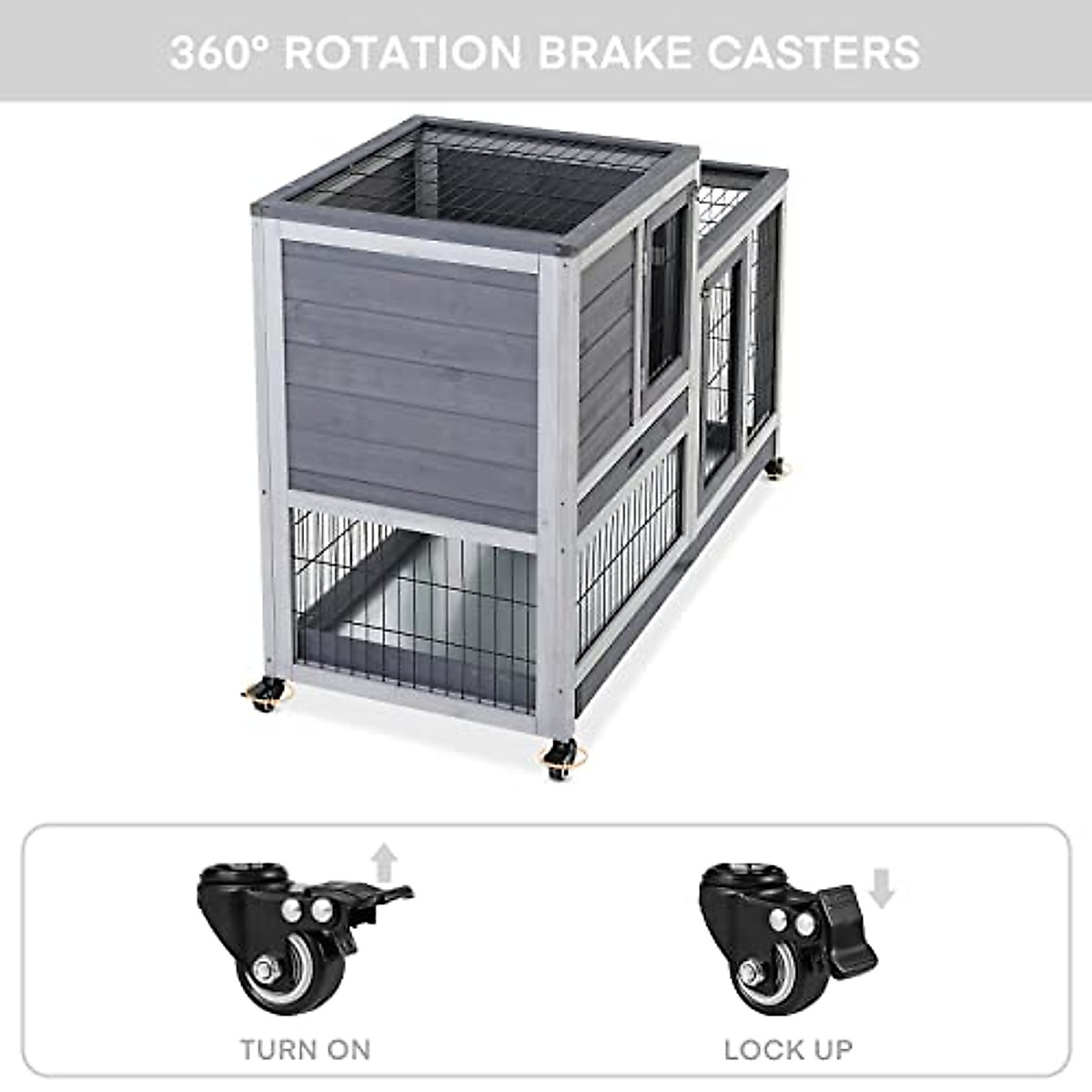 BESTDOOR 43.3'' Rabbit Hutch, Wood Indoor Rabbit Cage On Brake Wheel, Outdoor Large Rolling Bunny Hutch w/Run, Small Animal Guinea Pig Hamster Hedgehog House w/2 Deeper No Leak Tray (Grey White)