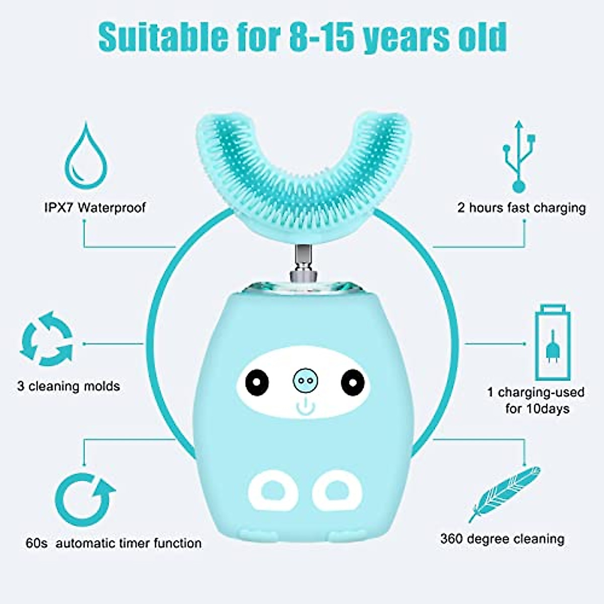 Ziliny Kids U Shaped Electric Toothbrush, Kids Automatic Timer Tooth Brush, Ultrasonic Automatic Toothbrushes with 3 Cleaning Modes, Waterproof Auto Toothbrush for Children Toddler (Age 3-7, Blue)