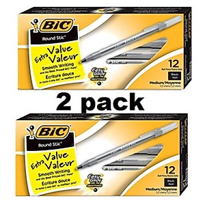BIC Round Stic Classic Ballpoint Pen, Medium Point (1.0mm)-Black-24 ct