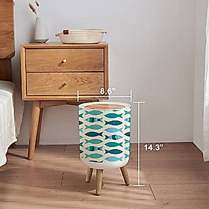 Trash Can with Lid Coastal Fish Seamless Blue and Teal Green Fish on a Light Sand Modern Press Cover Small Garbage Bin Round with Wooden Legs Waste Basket for Bathroom Kitchen Bedroom 7L/1.8 Gallon
