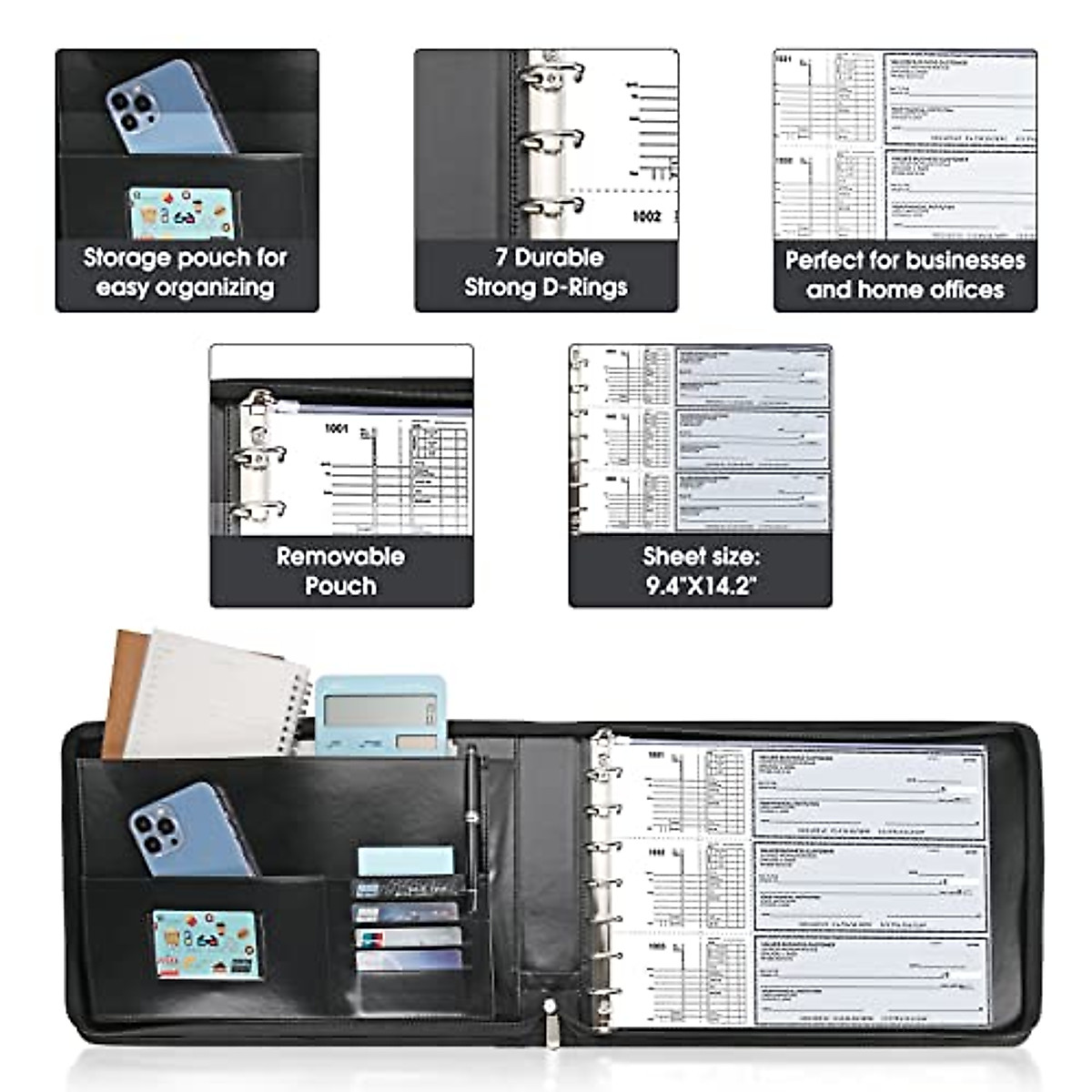 Business Check 7 Ring Checkbook Binder, PU Leather Portfolio, Built in Storage Organizer [Blue]