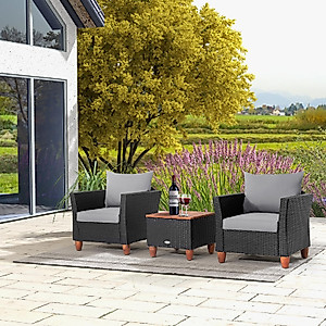 ORALNER 3 Pieces Patio Furniture Set, Outdoor Wicker Conversation Chairs with Cushion, Acacia Coffee Table, Rattan Bistro Set for Balcony Garden Backyard Front Porch Poolside (Grey)