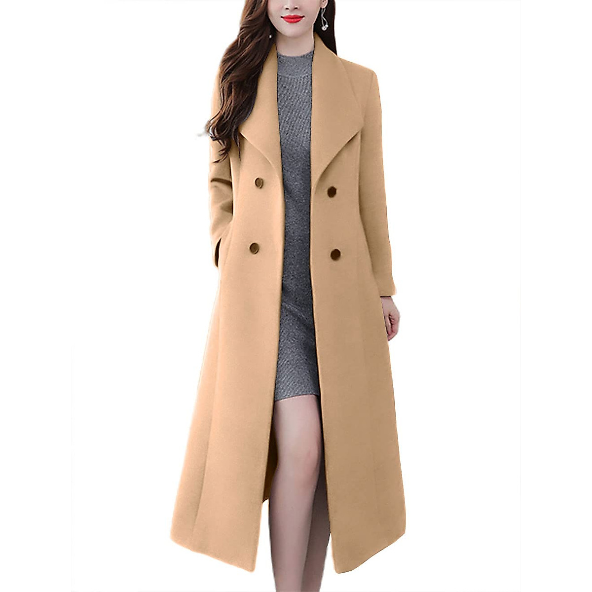 chouyatou Women's Chic Shawl Collar Work Double Breasted Maxi Long Wool Pea Coat (Medium, Camel)