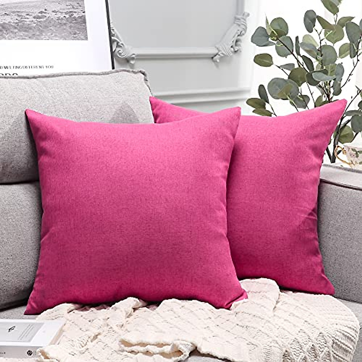 OTOSTAR Pack of 2 Outdoor Waterproof Throw Pillow Covers 18x18 Inch Garden Decorative Pillow Covers Square Outdoor Pillowcases Patio Cushion Case Pillows for Couch Tent Sofa Balcony Decor (Hot Pink)