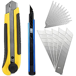FeiLyKi 25MM Box Cutter Carpet knife Heavy Duty Utility Knife Ratchet Lock,9MM Aluminum alloy Exacto Knife Retractable,2Pack SK5 Snap Off blades-2061
