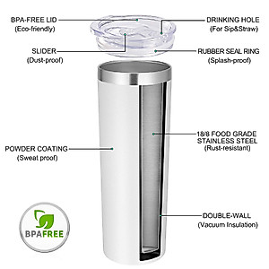 VEGOND Stainless Steel Skinny Tumbler, 20 oz Vacuum Insulated Tumbler with Lid and Straw, Double Wall Coffee Cup, Travel Mug for Cold Hot Drinks, White 1 Pack