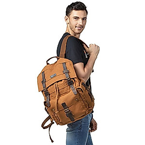 Kattee Men's Leather Canvas Backpack Large Bag Travel Rucksack Khaki