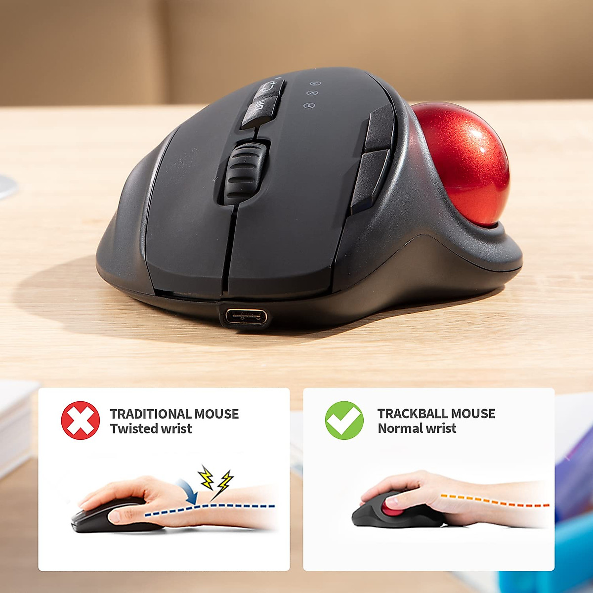 KKUOD 2.4G+Dual Bluetooth Wireless Trackball Mouse, 3-Device Connection Ergonomic Mouse, Rechargeable Ergo Mouse with USB-C Port and 3 DPI, Thumb-Operated Mouse for PC Computer Laptop Tablet