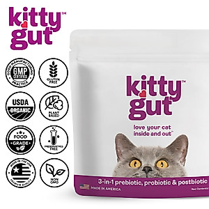 KittyGut 3-in-1 Organic Cat Probiotics & Postbiotic Supplement Powder- Made in USA-Probiotics for Cats Promote Gut Health and Cat Digestive Support, Diarrhea and Vomiting (90g)