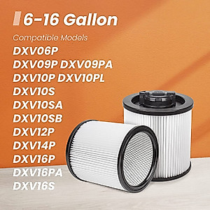 DXVC6910 HEPA Cartridge Filter Replacement Fit for DEWALT Wet/Dry Filter Vacuum Cleaners-Regular 6-16 Gallon, Compatible with DeWalt DXV06P DXV09P DXV10P DXV10PL DXV10SA DXV12P DXV14P DXV16P 2pcs