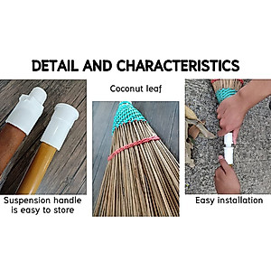 Garden Broom, 61 Inch, Natural Coconut Leaf Broom,Outdoor Brooms, Sweep Snow and Wet Leaves Multi-Surfaces Sturdy Outdoor Coconut Leaf Broom Bamboo Stick Handle Durable Broom Asian Heavy Duty Broom