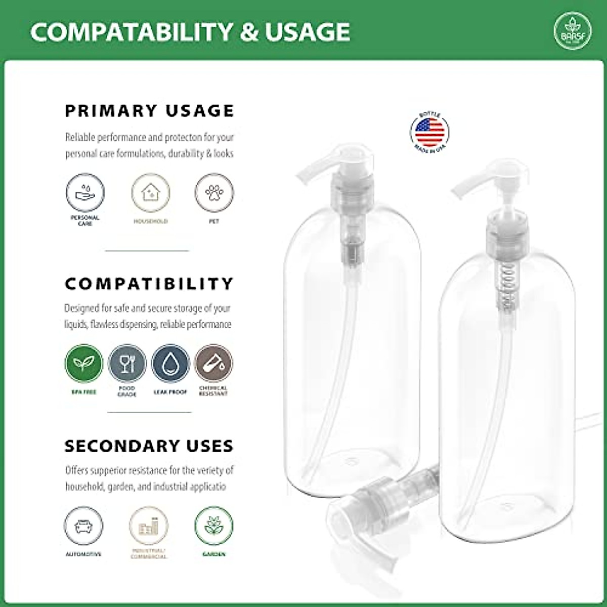 Bar5F Empty Shampoo Bottles with Pumps Dispenser 32 oz (1 Liter) Leak-Proof Large Empty Refillable BPA-Free 2-Pack