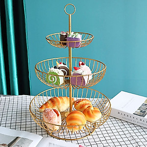 3 Tier Kitchen Countertop Fruit Basket Bowl for Bread Vegetables Snack Storage, Removable Organizer Shelf Storage Rack, Modern Design Tiered Fruit Holder Stand，for Gifts Home Party(round head gold)