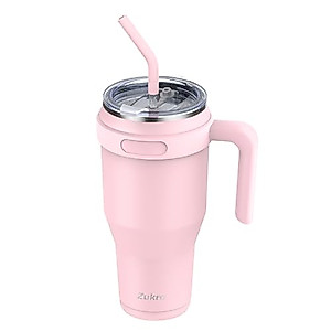 Zukro 40 oz Tumbler With Handle, Sip and Straw Lid, Leakproof No Sweat Insulated Stainless Steel Cup Keeps Drinks Cold 24 Hours, Travel Mug Fit in Cup Holder, Dishwasher Safe, BPA Free - Pink
