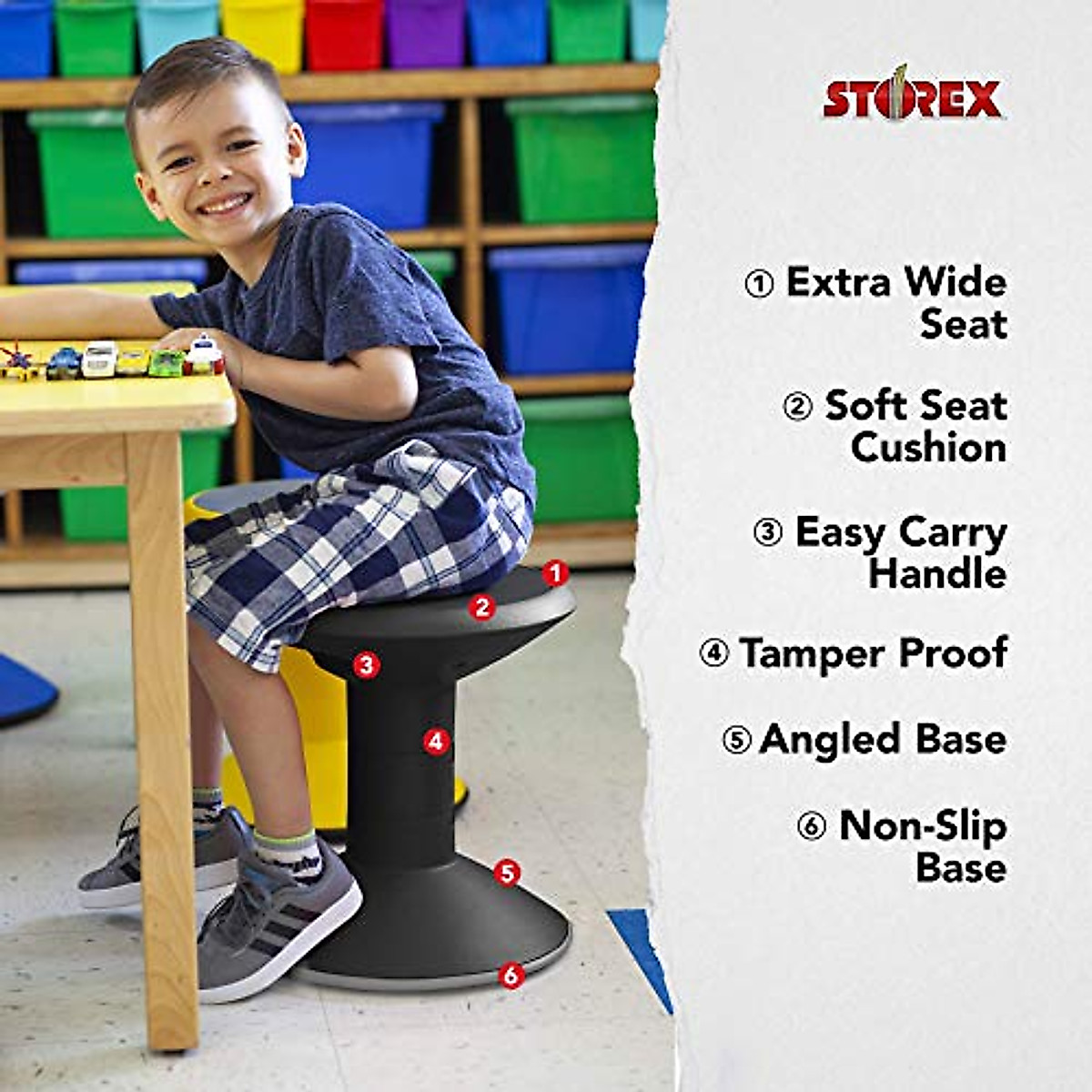Storex Wiggle Stool – Active Flexible Seating for Classroom and Home Study, Adjustable 12-18 Inch Height, Black (00300A01C)