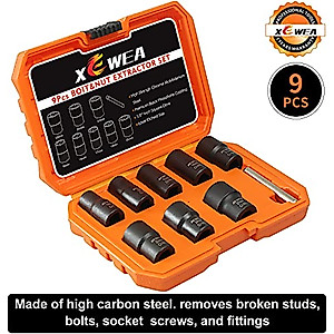 XEWEA 9PCS Bolt Nut Extractor Set, 1/2" Drive Impact Lug Nut Remover Socket Tool, Wheel Lock Removal Kit, Easy Out Extractor Set for Damaged, Frozen, Rusted, Rounded-Off Bolts Nuts & Screws