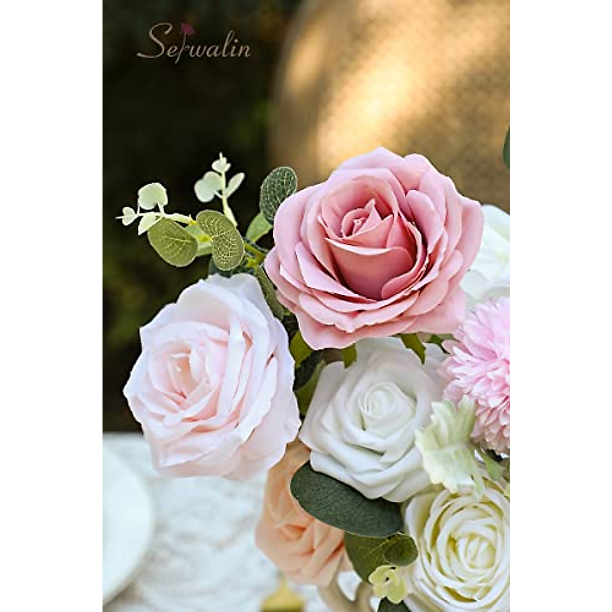 Serwalin Artificial Flowers Fake Silk Flowers for DIY Wedding Bouquets Cake Decoration Mixed Roses Combo Blush Pink and White Flower Centerpieces Arrangements for Party Table Chair Decor