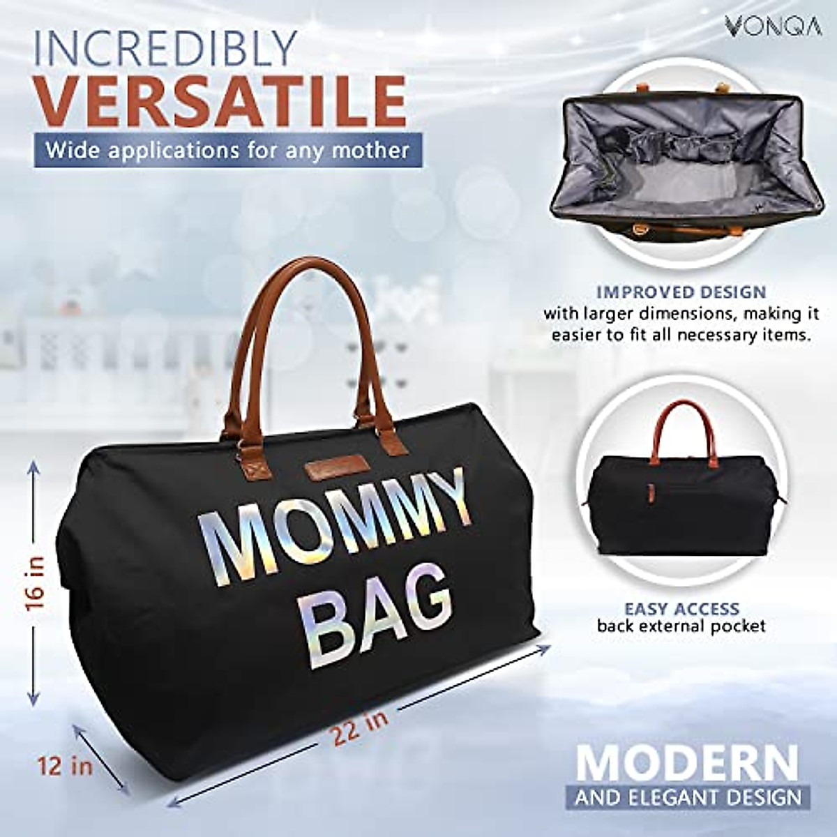 VONQA Mommy Bag for Hospital, Labor and Delivery - Extra Large Diaper Tote Bag for Maternity, Pregnancy and Overnight Essentials for Mom - Women Travel Weekender Bag with Baby Organizer & Toiletry Bag
